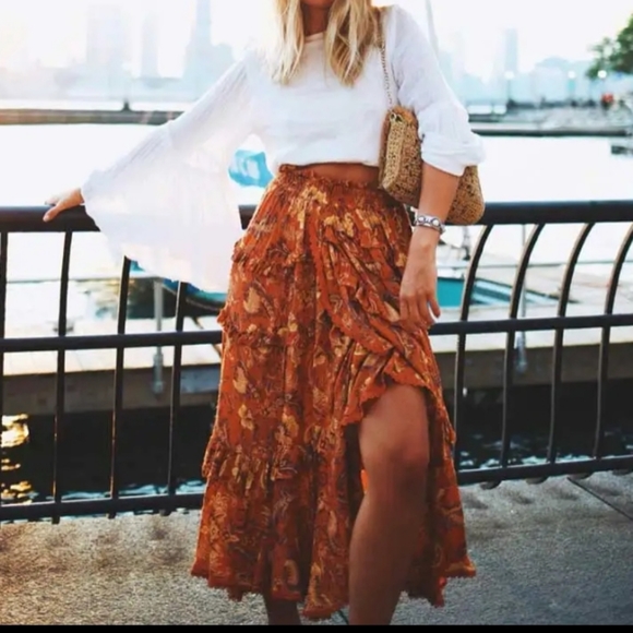 Skirts | Burnt Orange Floral Boho Midi Skirt Fall Skirt Gypsy Skirt ...
